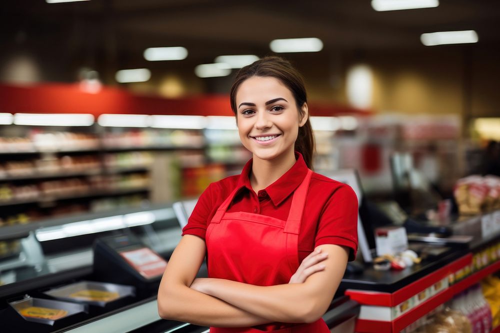 Attractive saleswoman cashier supermarket smiling | Free Photo - rawpixel