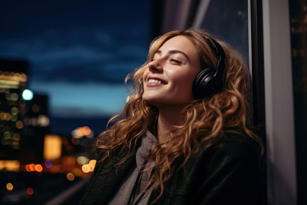Headphones cityscape laughing music. | Free Photo - rawpixel
