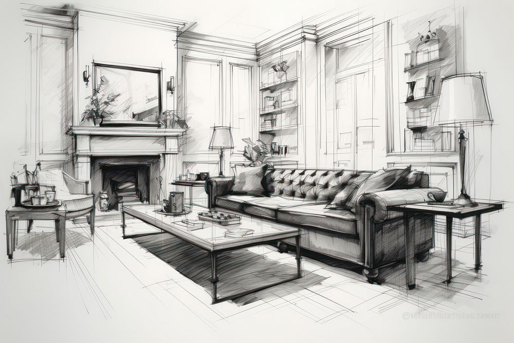 Interior room sketch architecture furniture. | Premium Photo ...