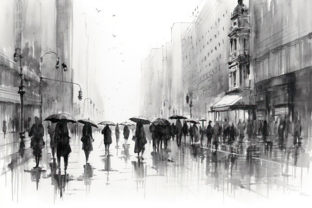 Raining city sketch drawing street. | Free Photo Illustration - rawpixel