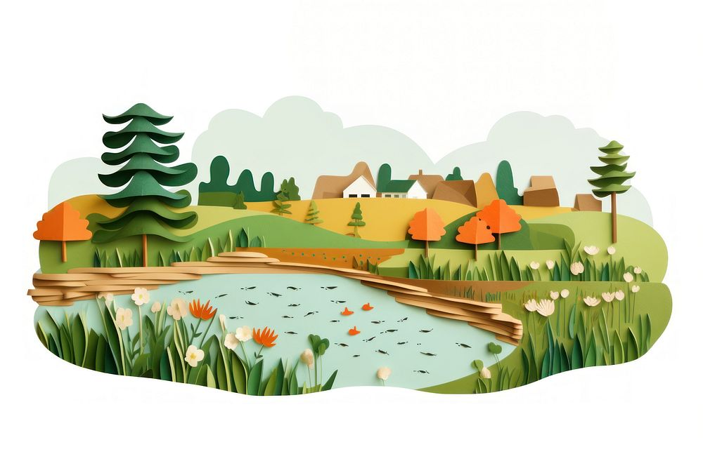 Farm pond landscape outdoors painting. | Free Photo Illustration - rawpixel