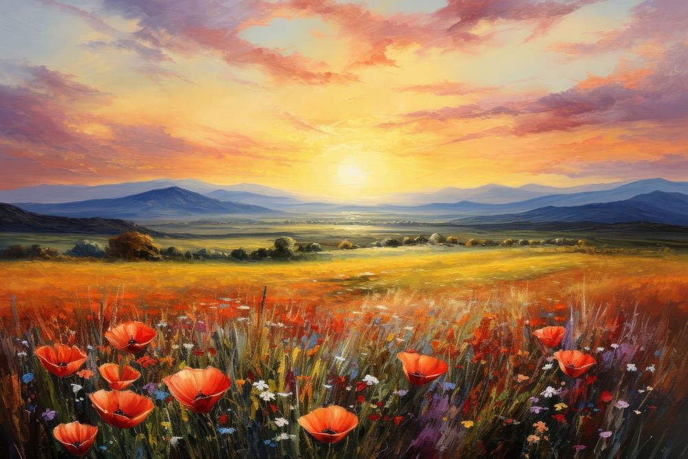 Sunset flower field landscape painting | Free Photo Illustration - rawpixel