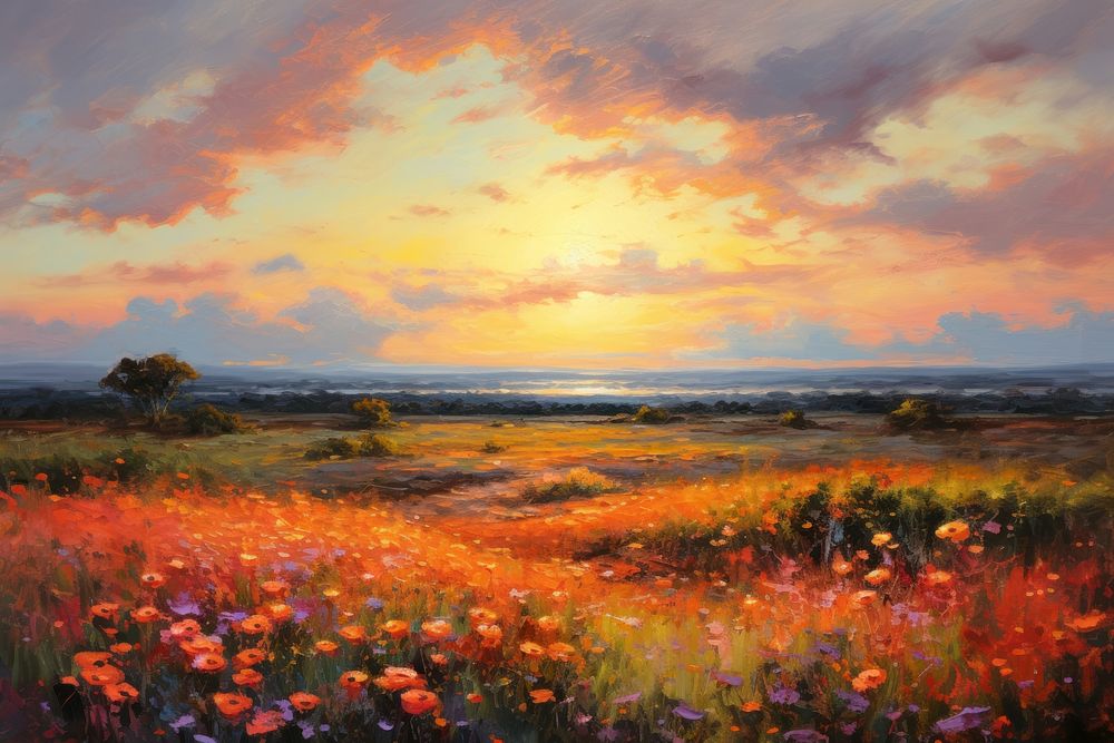 Sunset flower field landscape painting | Free Photo Illustration - rawpixel