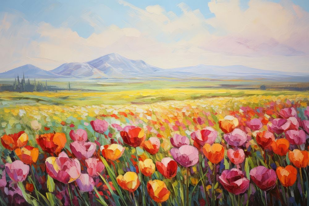 Tulip flowers field landscape painting | Free Photo Illustration - rawpixel
