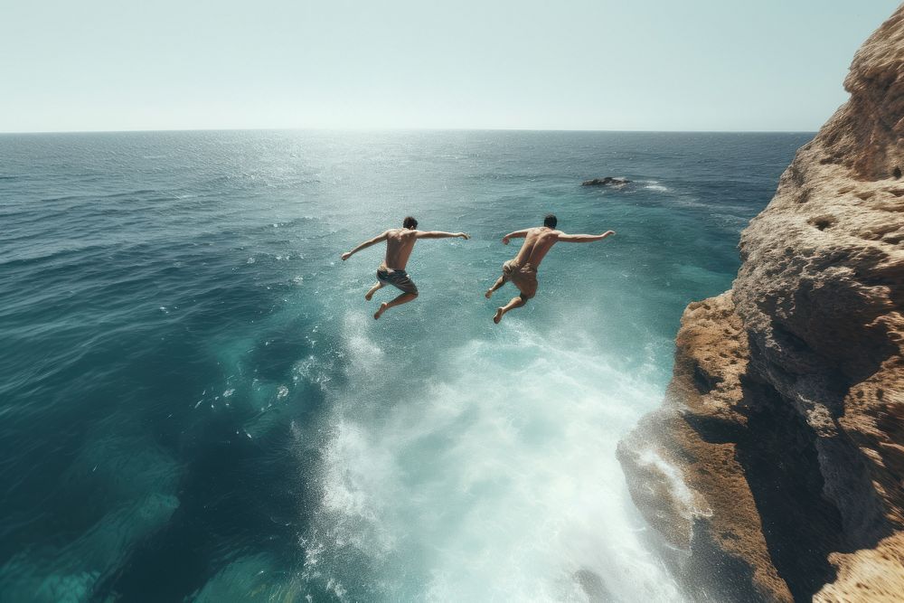 Two people jumping cliff front | Free Photo - rawpixel