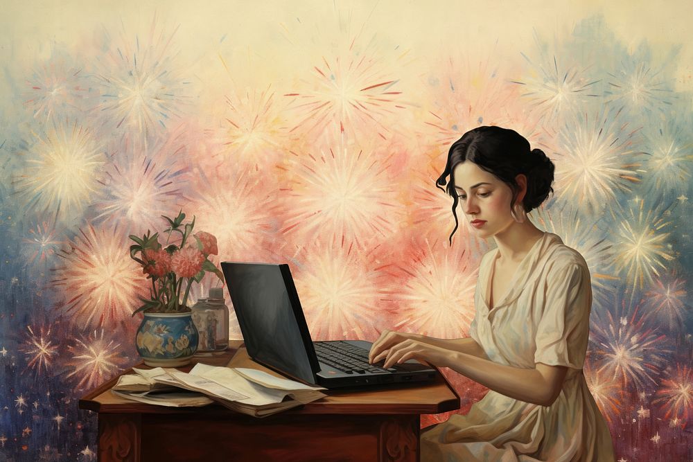 Woman working laptop oil painting | Free Photo Illustration - rawpixel