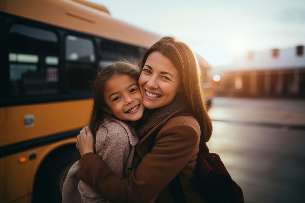 Hugging bus vehicle adult. AI | Free Photo - rawpixel