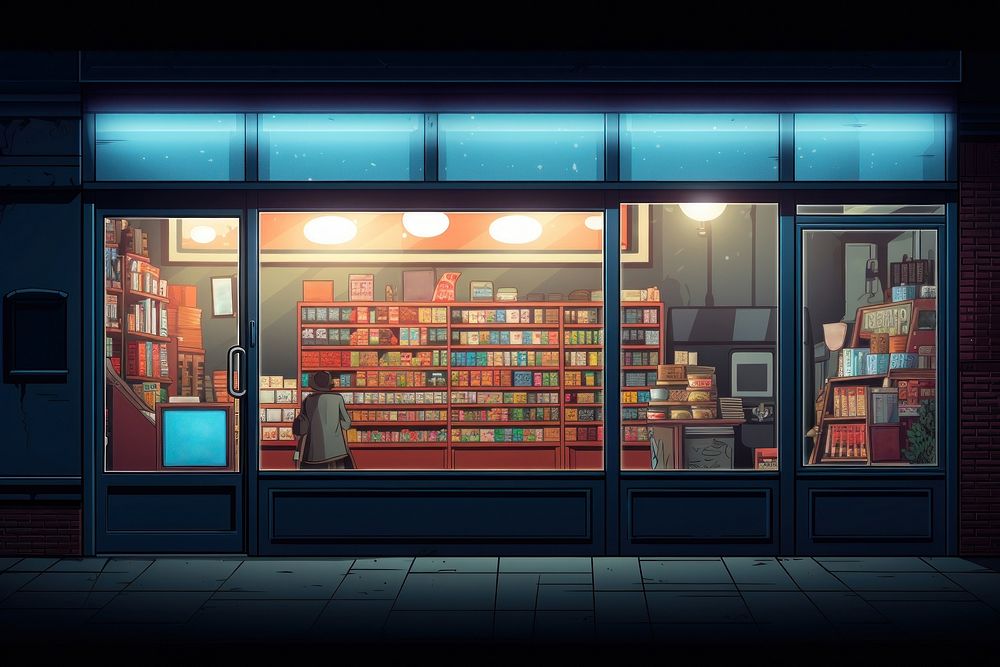 Grocery store night book architecture. | Free Photo Illustration - rawpixel