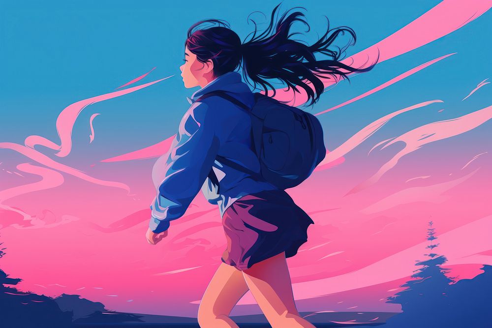 girl running anime adult blue. | Free Photo Illustration - rawpixel