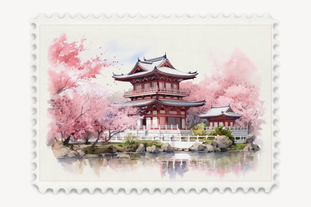 Japanese temple postage stamp | Free Photo - rawpixel