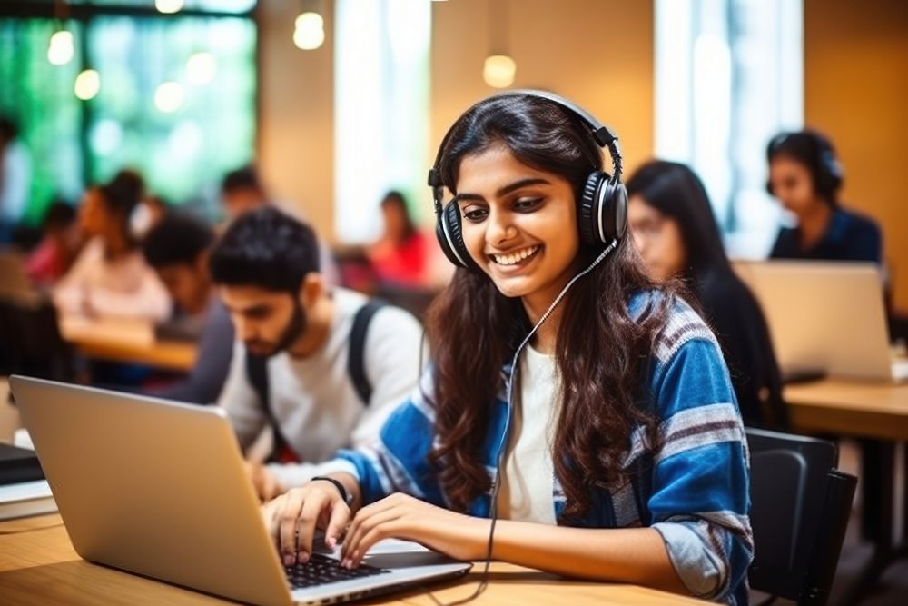 Computer student headphones listening. AI | Free Photo - rawpixel