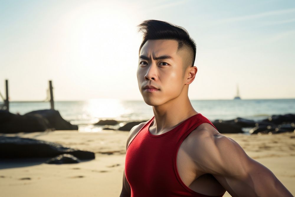 Muscles Taiwanese man portrait beach | Free Photo - rawpixel