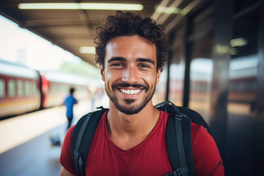 Brazilian man backpacker train smiling | Free Photo - rawpixel