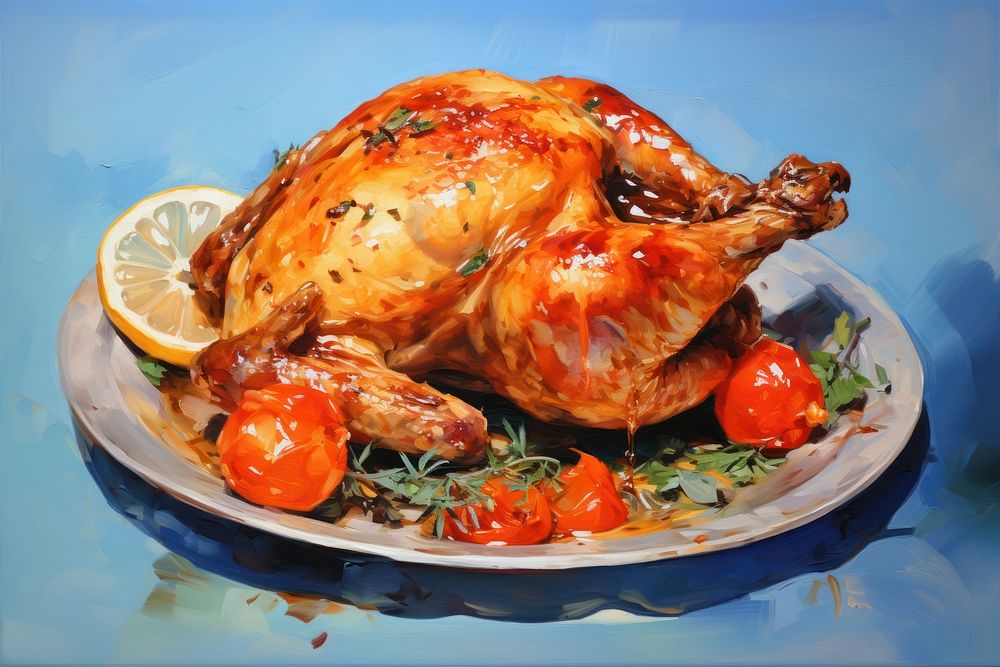 Plate roasted chicken painting dinner | Free Photo Illustration - rawpixel