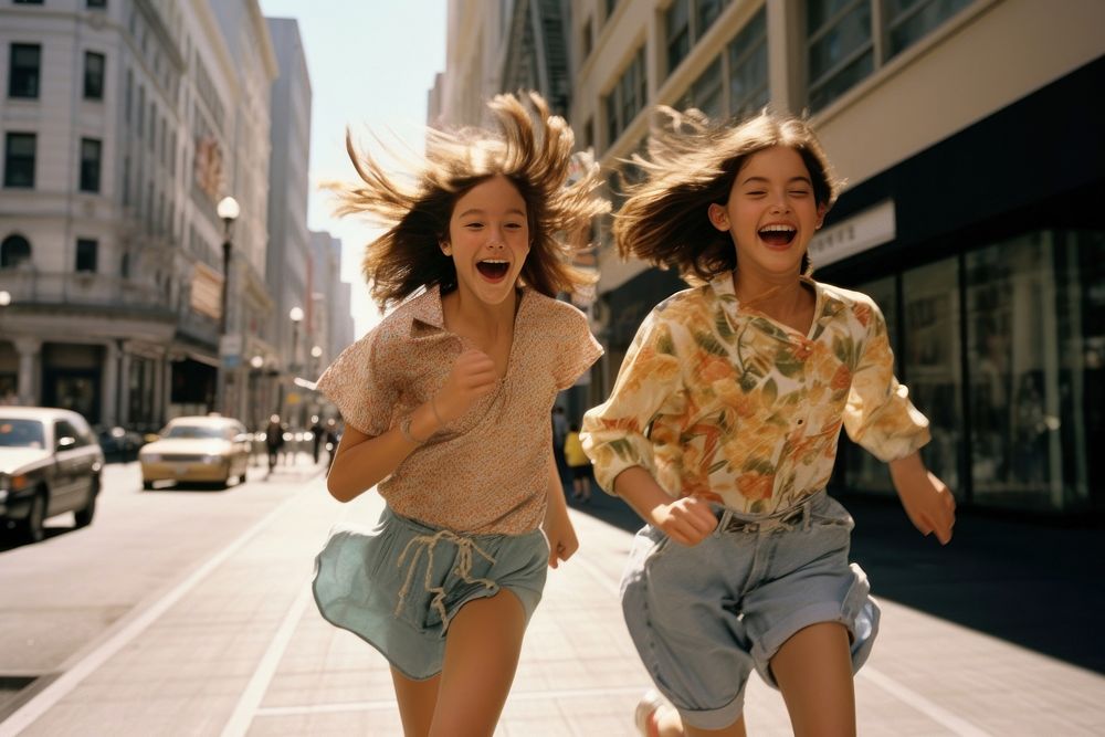 Two young girls running downtown | Free Photo - rawpixel