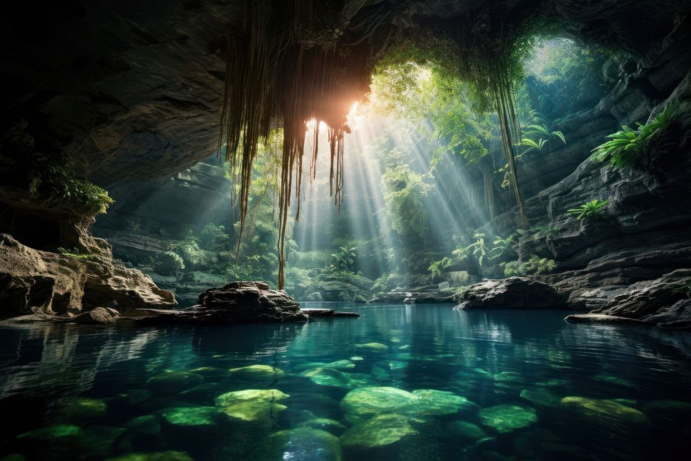 Lake cave nature waterfall landscape. | Free Photo - rawpixel