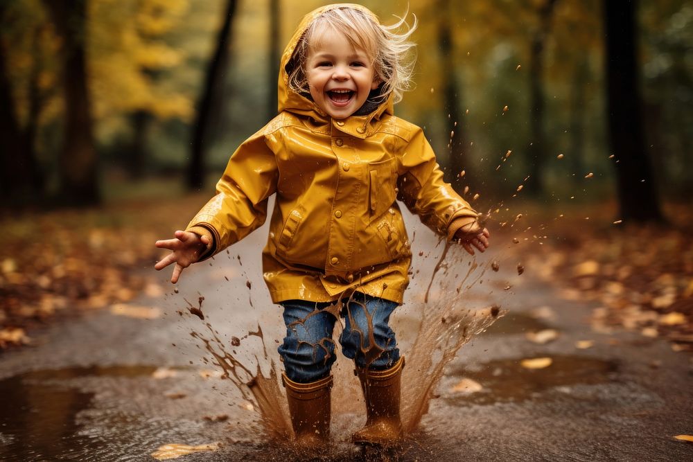 Child jumping autumn puddle child. | Premium Photo - rawpixel