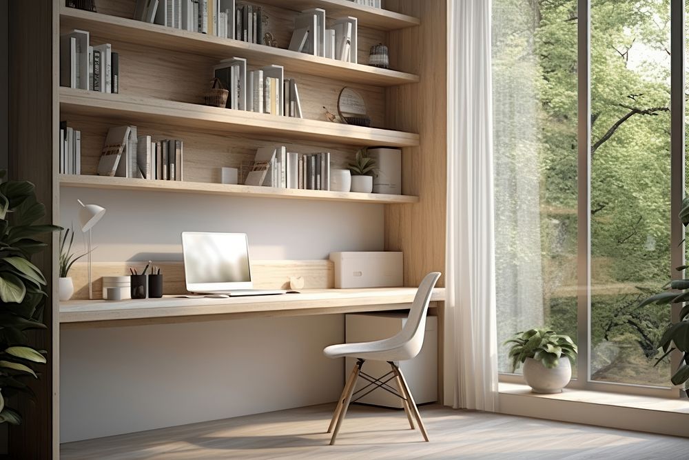 Office desk furniture bookshelf bookcase | Free Photo - rawpixel