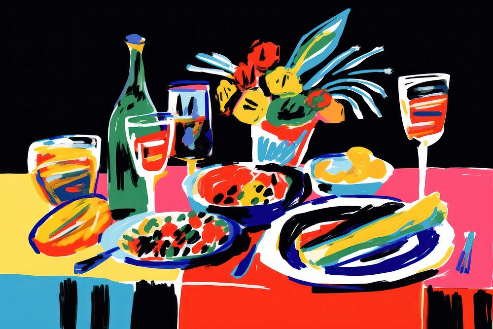 Party table set-up painting drawing | Free Photo Illustration - rawpixel