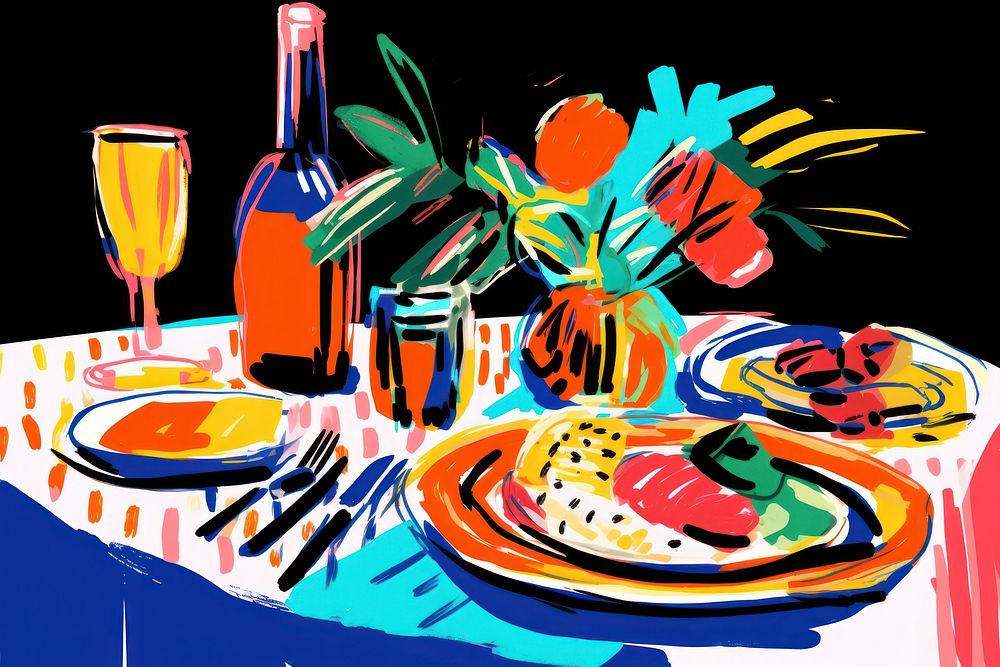 Party table set-up painting drawing | Free Photo Illustration - rawpixel