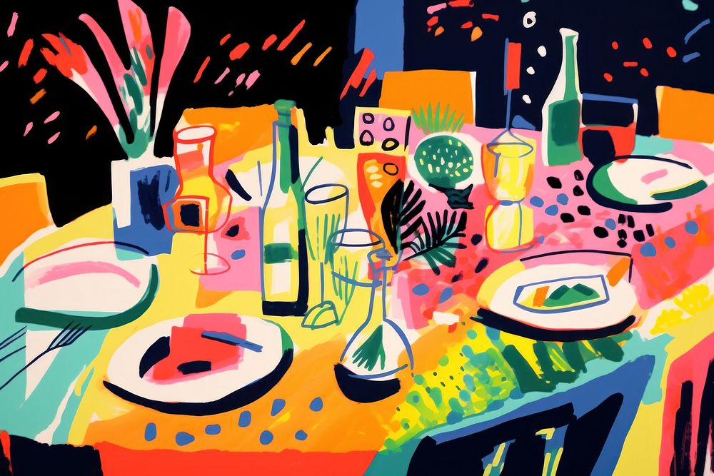 Party table set-up drawing painting | Free Photo Illustration - rawpixel