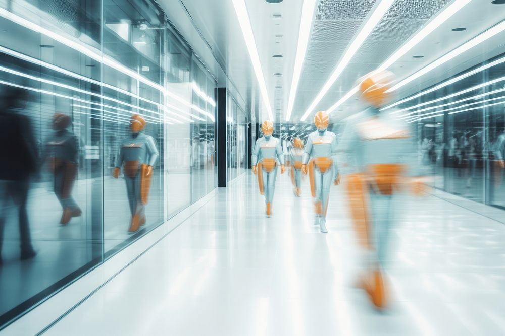 Blurred robots walking futuristic building | Premium Photo - rawpixel
