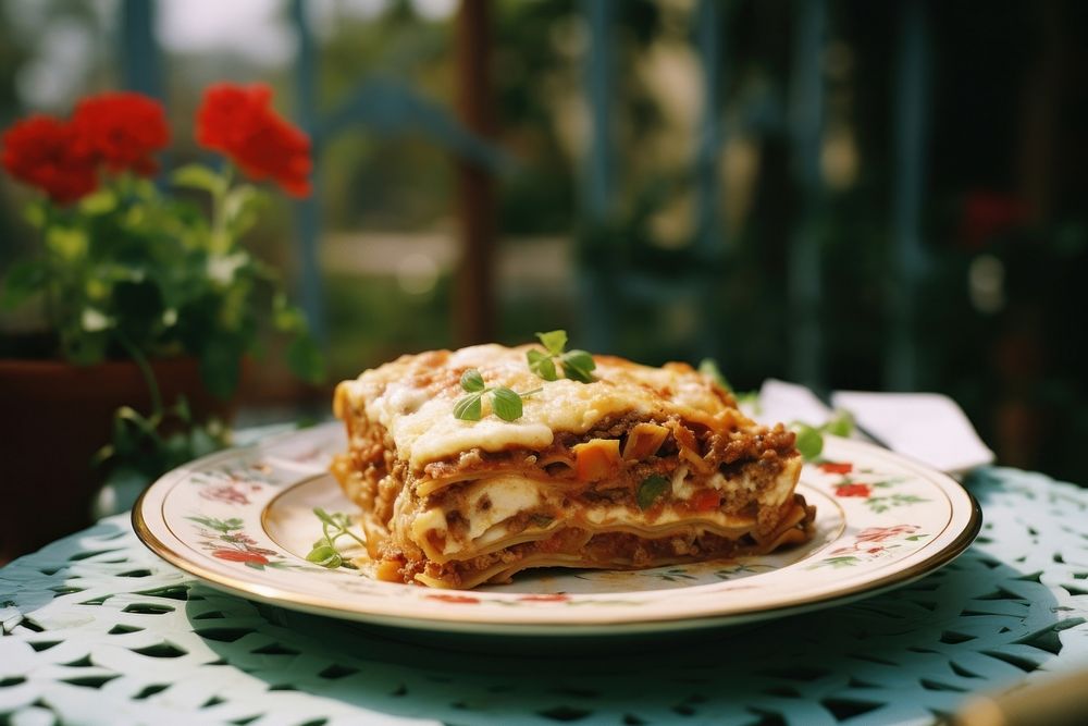 Lasagna plate table food. AI | Premium Photo - rawpixel