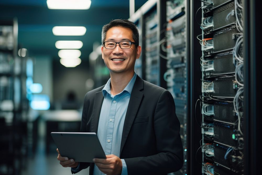 Smiling technician laptop server room | Free Photo - rawpixel