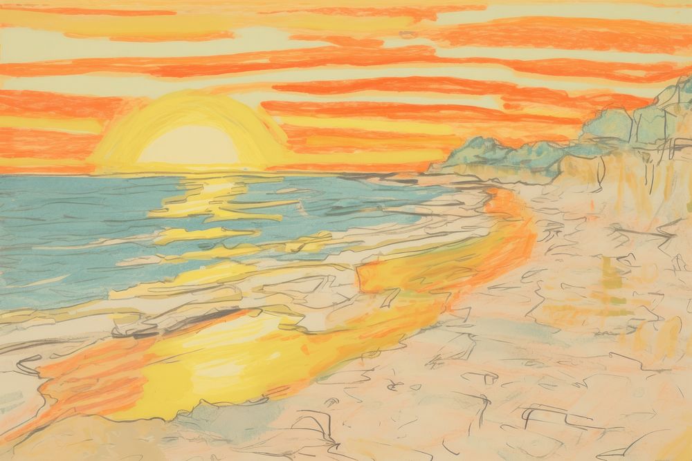 Beach sunset outdoors painting drawing. | Free Photo Illustration ...