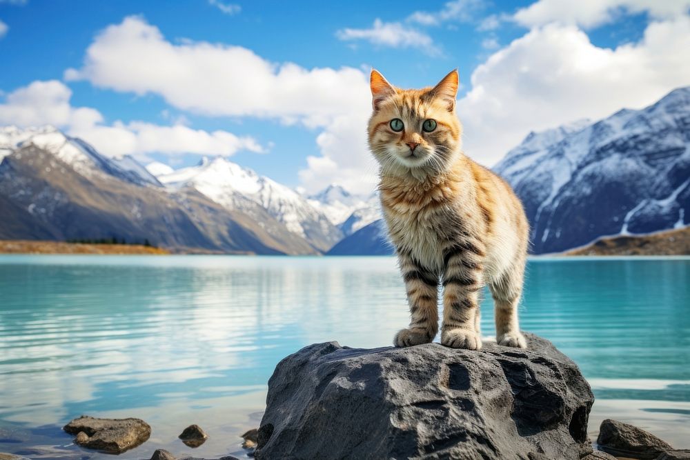 Cat standing rock lake landscape | Free Photo - rawpixel