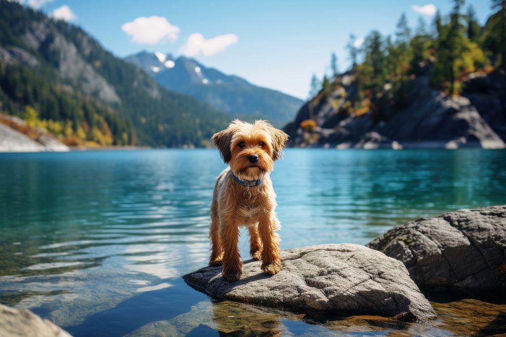 Dog standing rock lake landscape | Free Photo - rawpixel