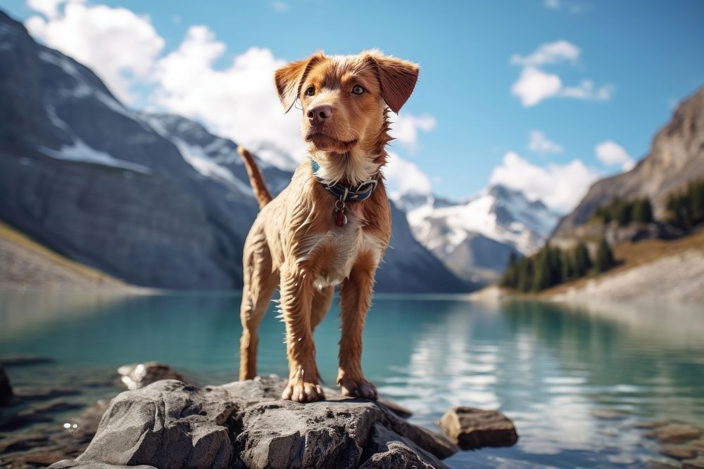 Dog standing rock lake landscape | Free Photo - rawpixel