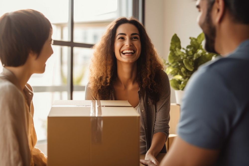 Parents box cardboard laughing. AI | Premium Photo - rawpixel