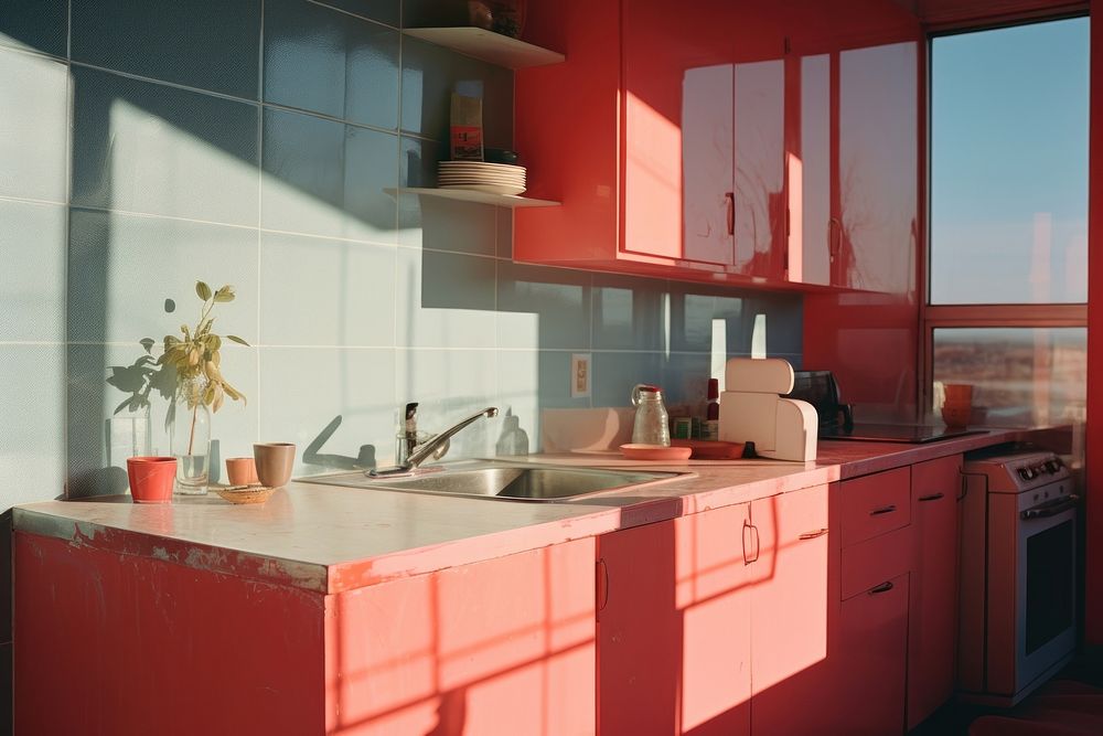 Aesthetic kitchen sink red architecture. | Free Photo - rawpixel