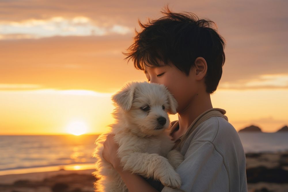 Japanese kid puppy beach pet | Free Photo - rawpixel