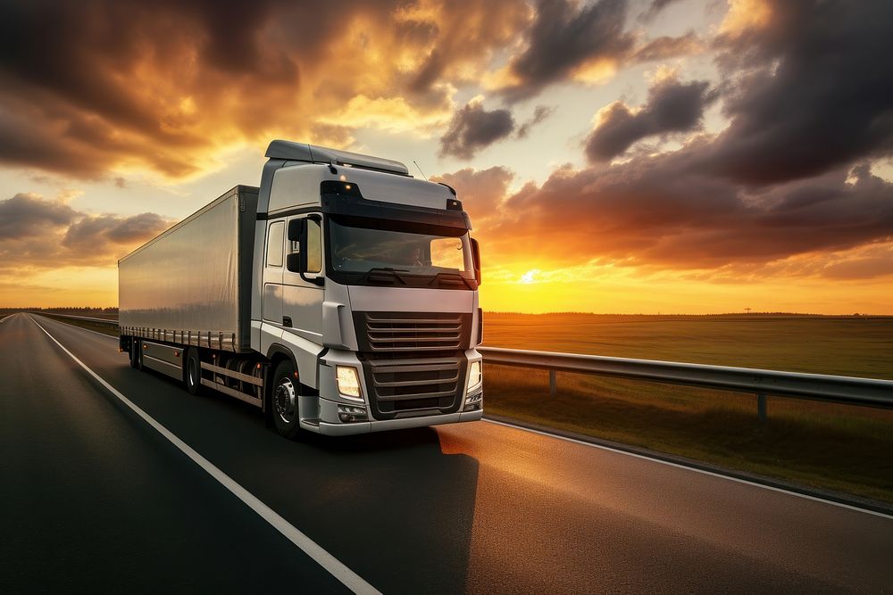Moving truck vehicle highway sunset. | Free Photo - rawpixel