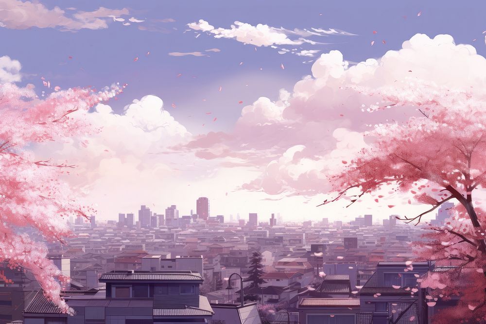 Sakura and city architecture landscape | Free Photo Illustration - rawpixel