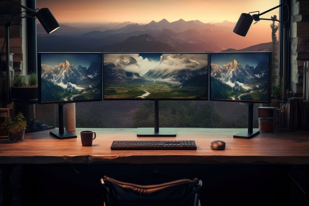 Dual monitor pc computer table | Free Photo - rawpixel