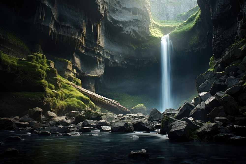 waterfall gracefully flows cavern entrance | Free Photo - rawpixel