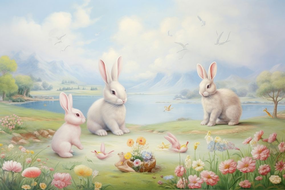 Painting rabbits border animal mammal | Free Photo Illustration - rawpixel