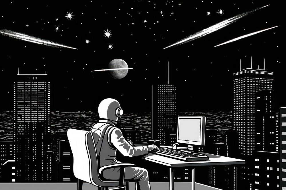 Alien working astronomy computer office. | Free Photo Illustration ...