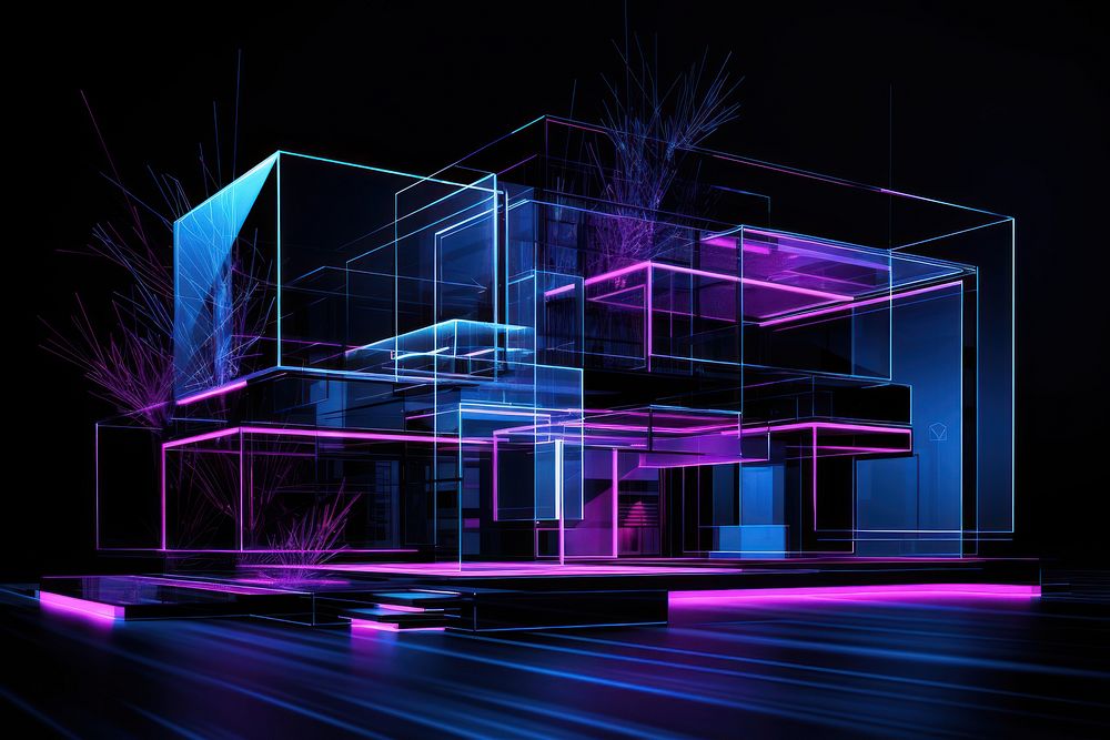 Modern house architecture purple lighting | Premium Photo Illustration ...