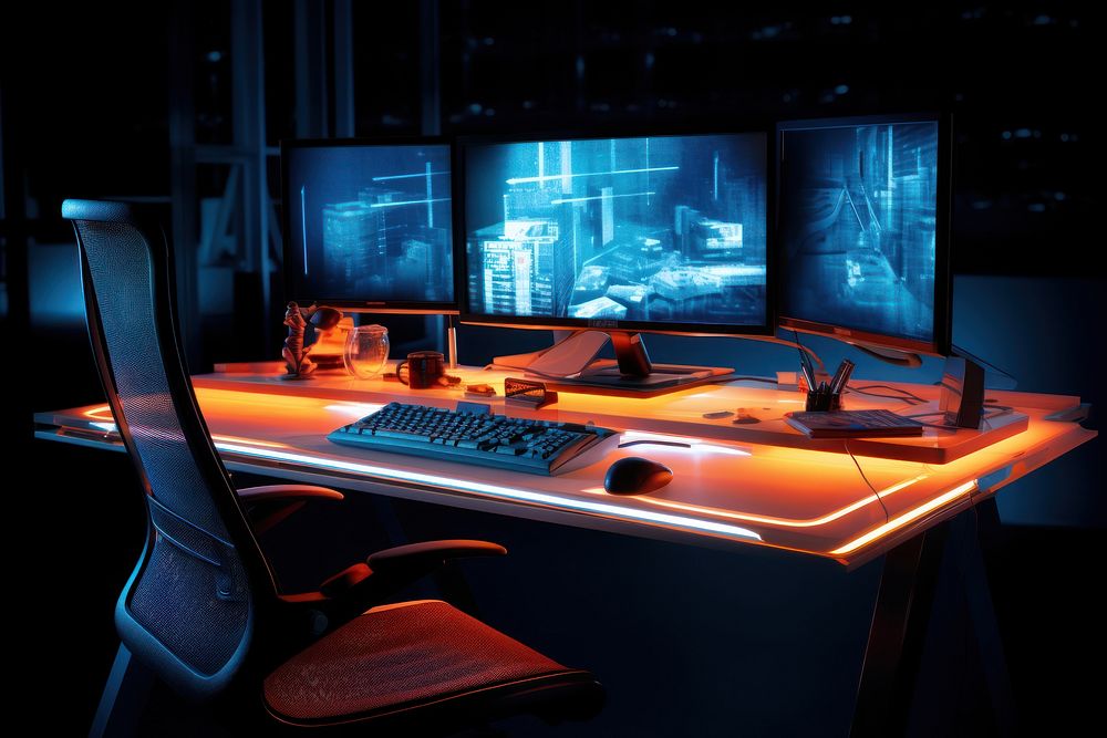 Computer desk illuminated furniture. AI | Premium Photo - rawpixel