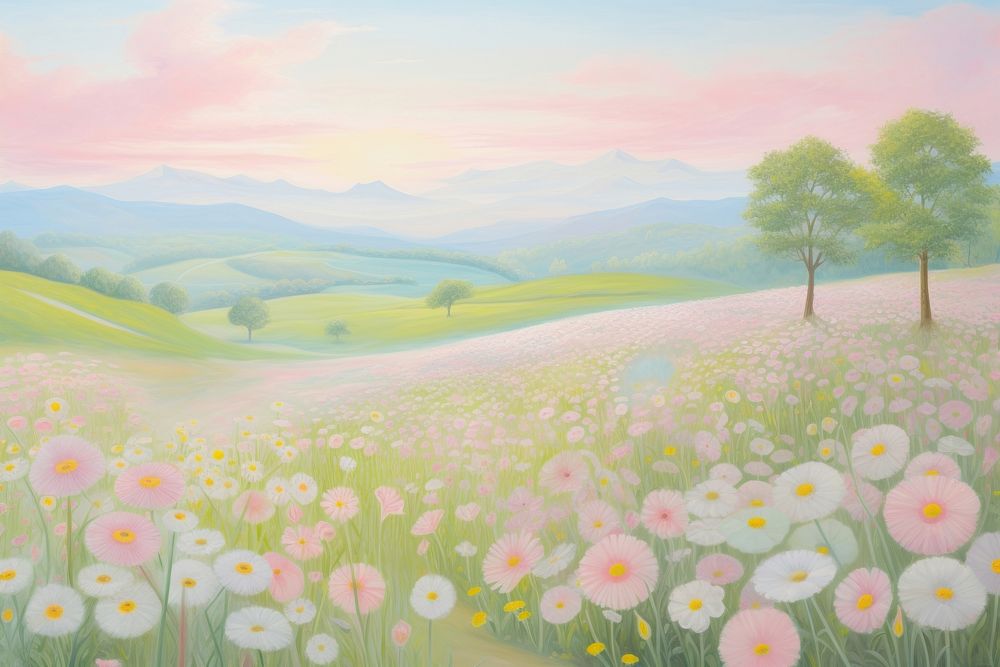 Flower field painting landscape grassland. | Premium Photo Illustration ...