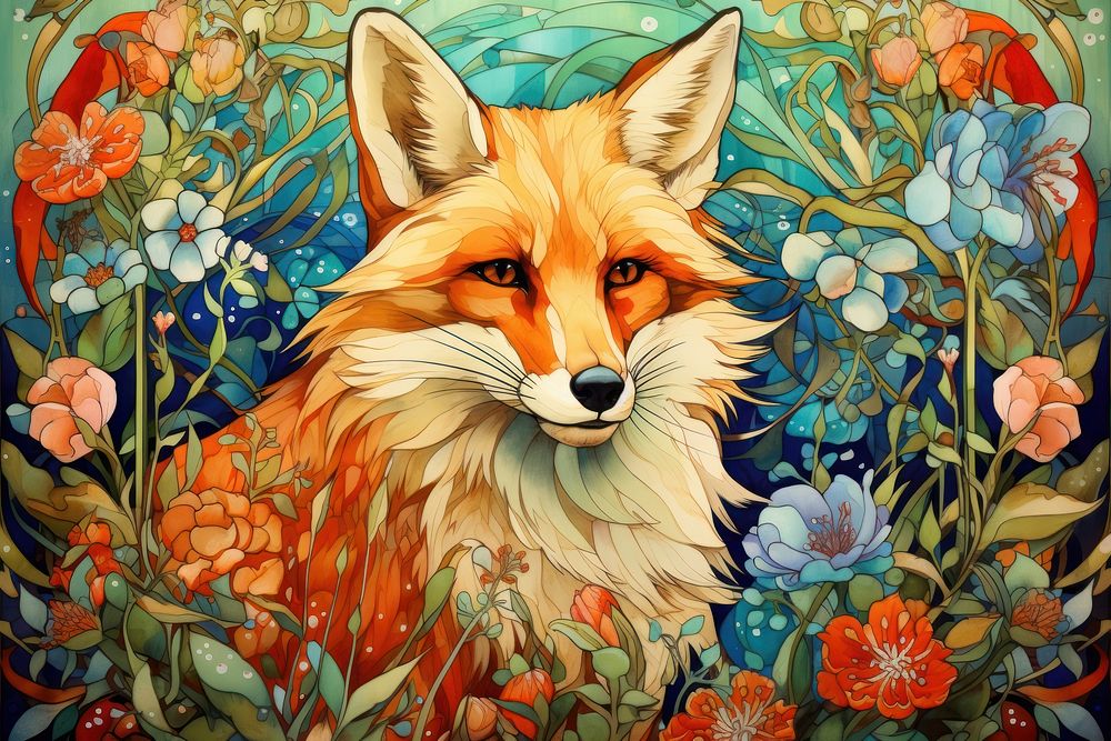 Fox and flowers fox painting | Free Photo Illustration - rawpixel