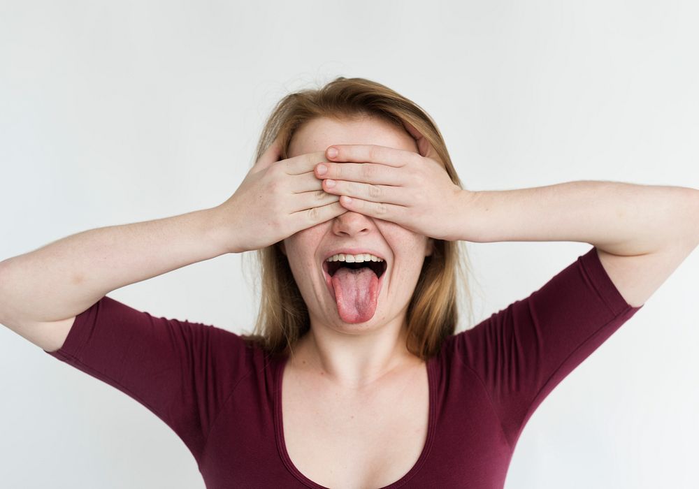 Young Girl Eyes Covered Tongue Premium Photo Rawpixel