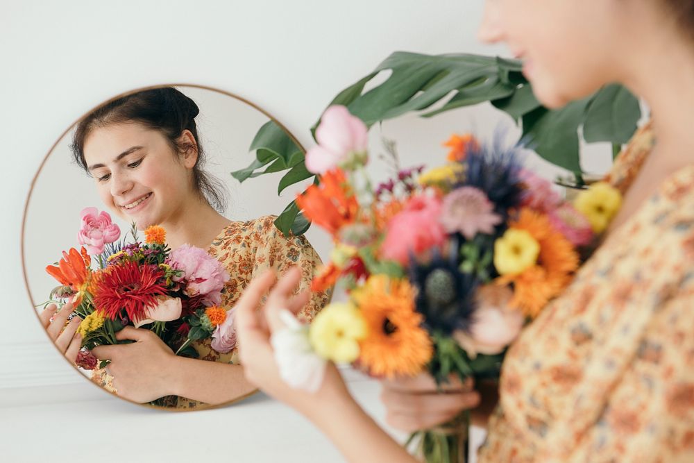 Reflection beautiful young girl flowers | Premium Photo - rawpixel