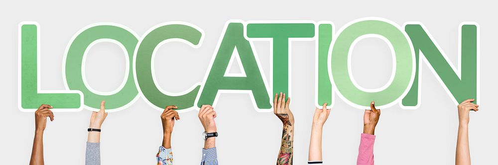 Diverse hands holding word location | Premium PSD - rawpixel