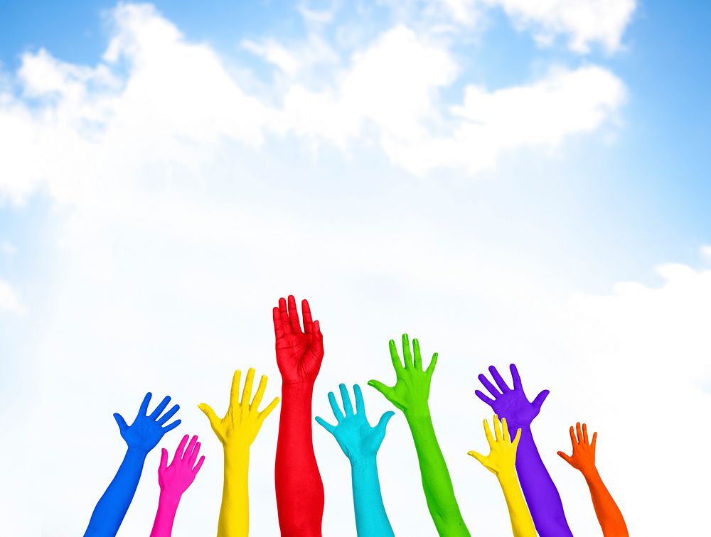 Colorful Hands Raised Blue Sky | Free Photo - rawpixel