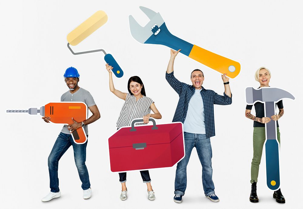 Cheerful diverse people holding tools | Free Photo - rawpixel